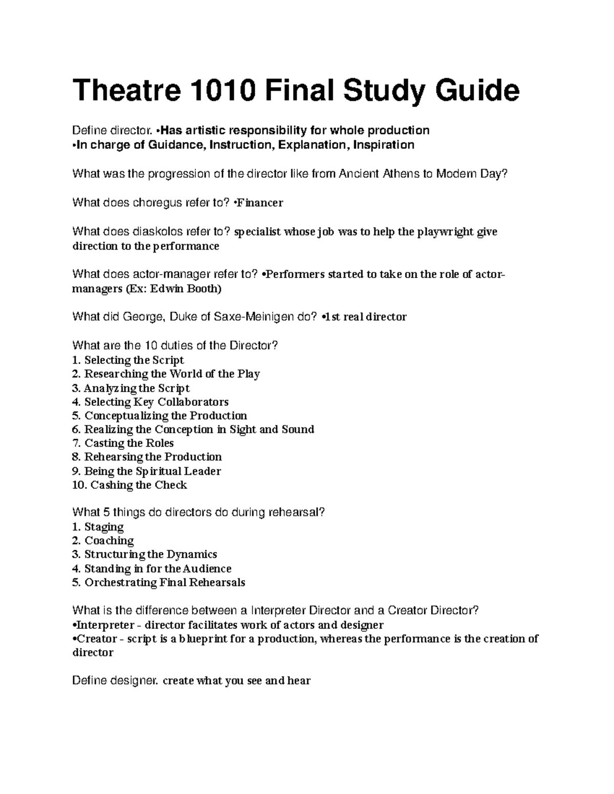 Theatre 1010 Final Study Guide SP2018 - Theat re 1010 Final Study Gui ...