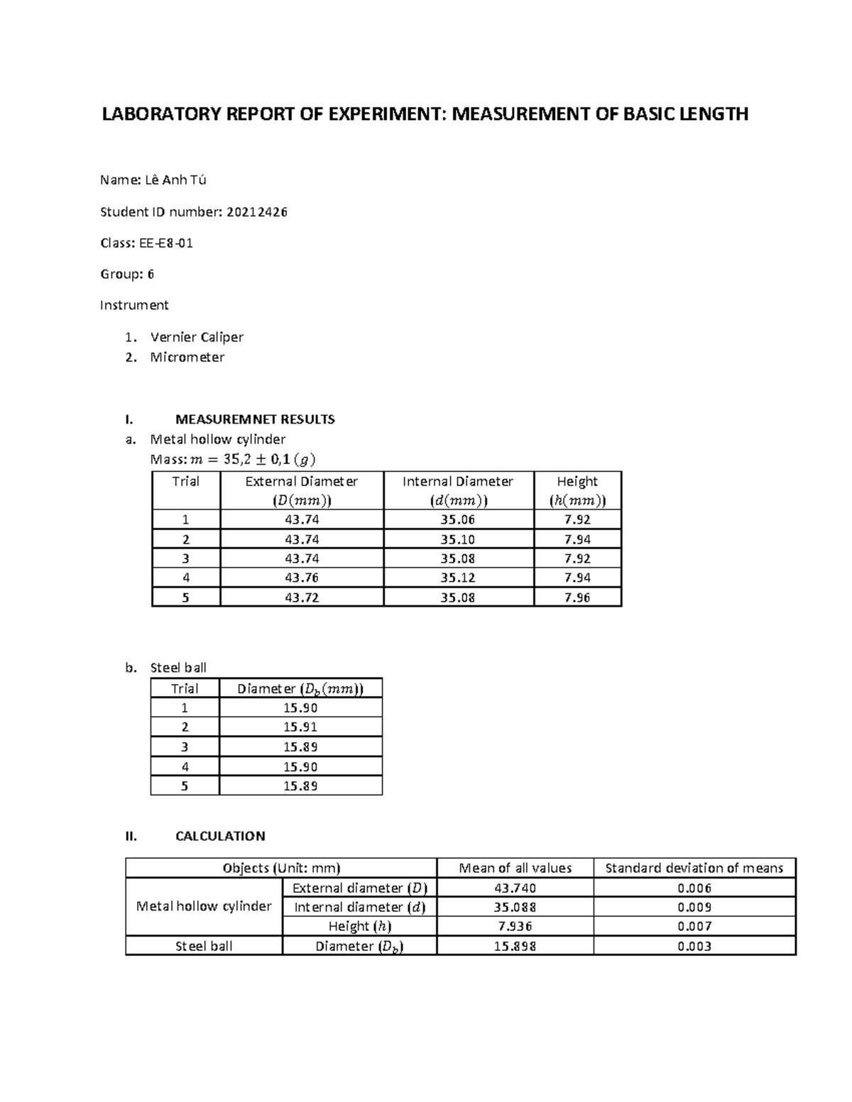 Laboratory Report of Experiment I - LABORATORY REPORT OF EXPERIMENT ...