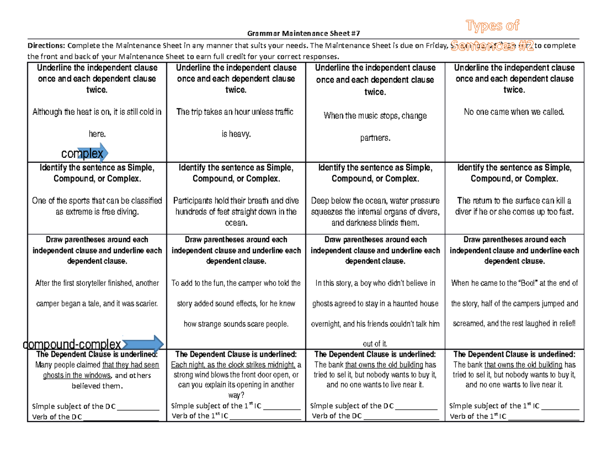 7typesofsentences maintenance sheet 7 grammatical English 8th grade ...