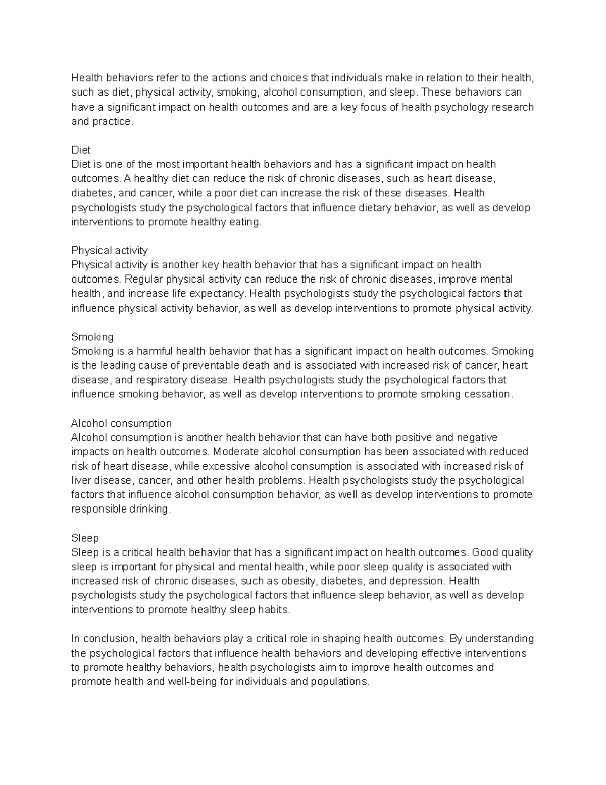 Health Behaviors and their Impact on Health Notes - Health behaviors ...