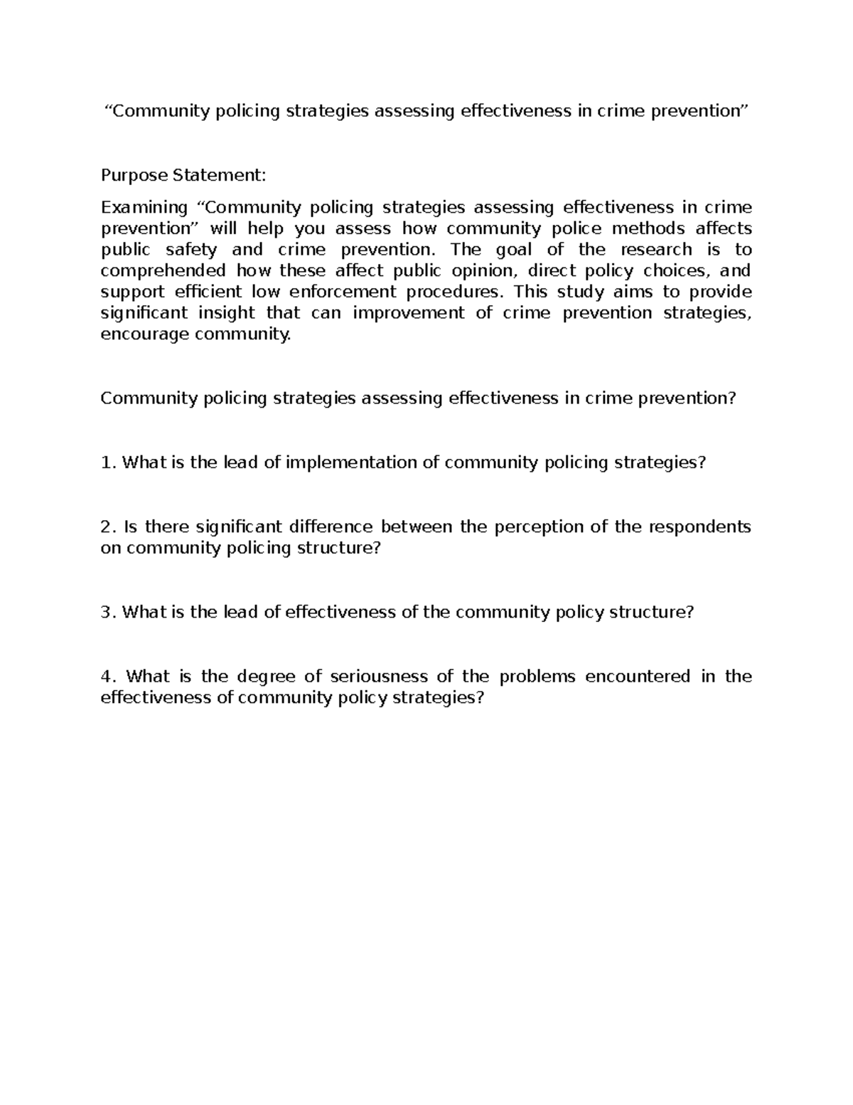Purpose Statement - “Community policing strategies assessing ...