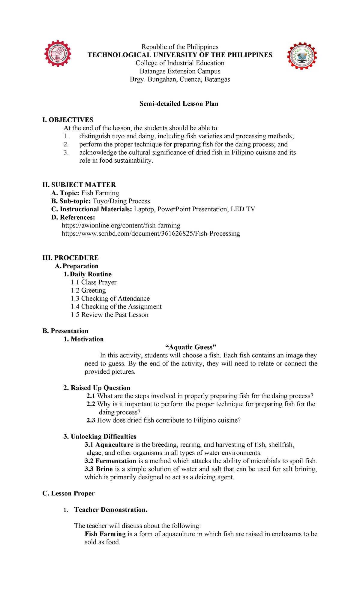 Lesson Plan for the sem - Republic of the Philippines TECHNOLOGICAL ...