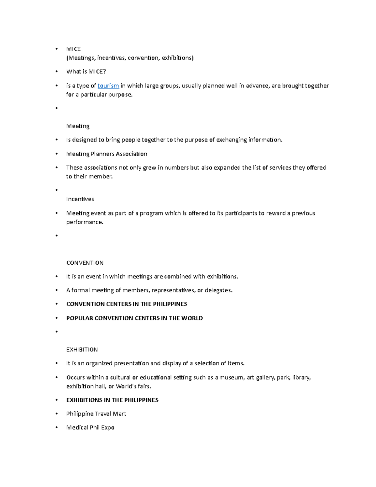 Chapter 1 - MICE - • MICE (Meetings, incentives, convention ...