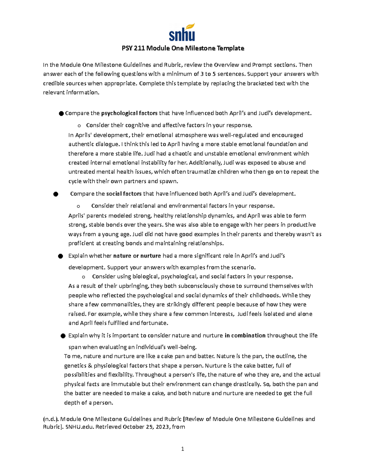 PSY 211 1-2 Module One Milestone - Then answer each of the following ...