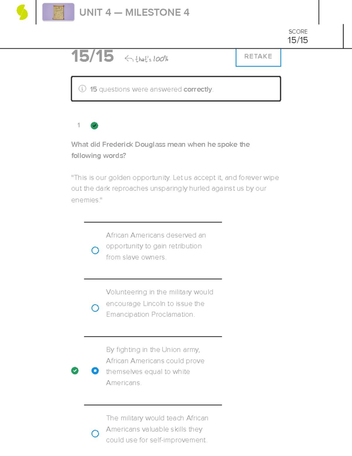 U.S. History Unit 4 Milestone - 1 15/15 that's 100% RETAKE 15 questions ...