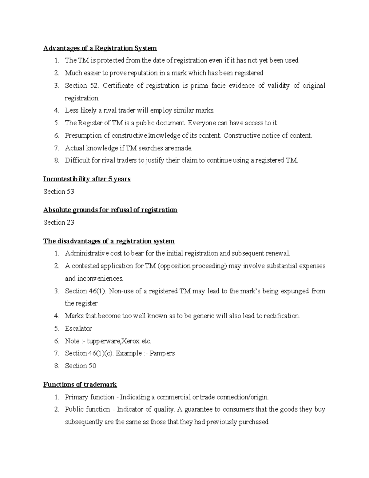 Notes Trademark - Advantages of a Registration System 1. The TM is ...