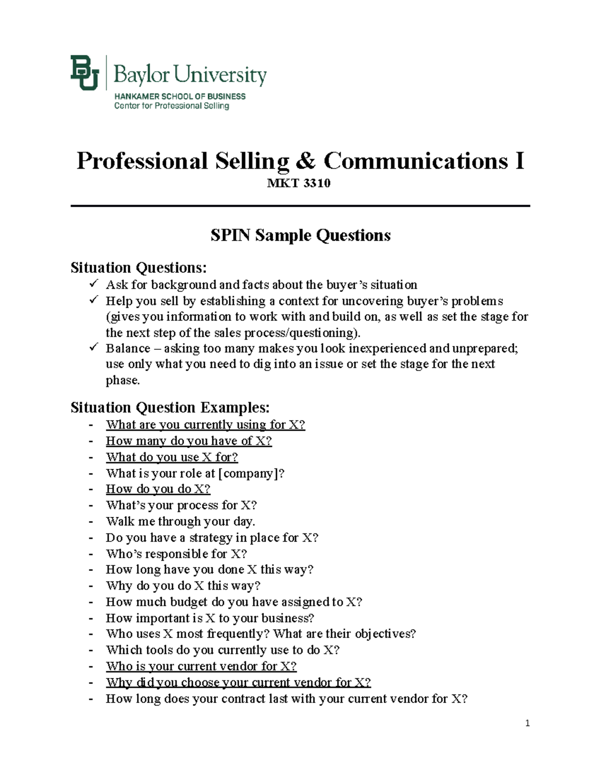 SPIN Sample Questions Bank - Professional Selling & Communications I ...