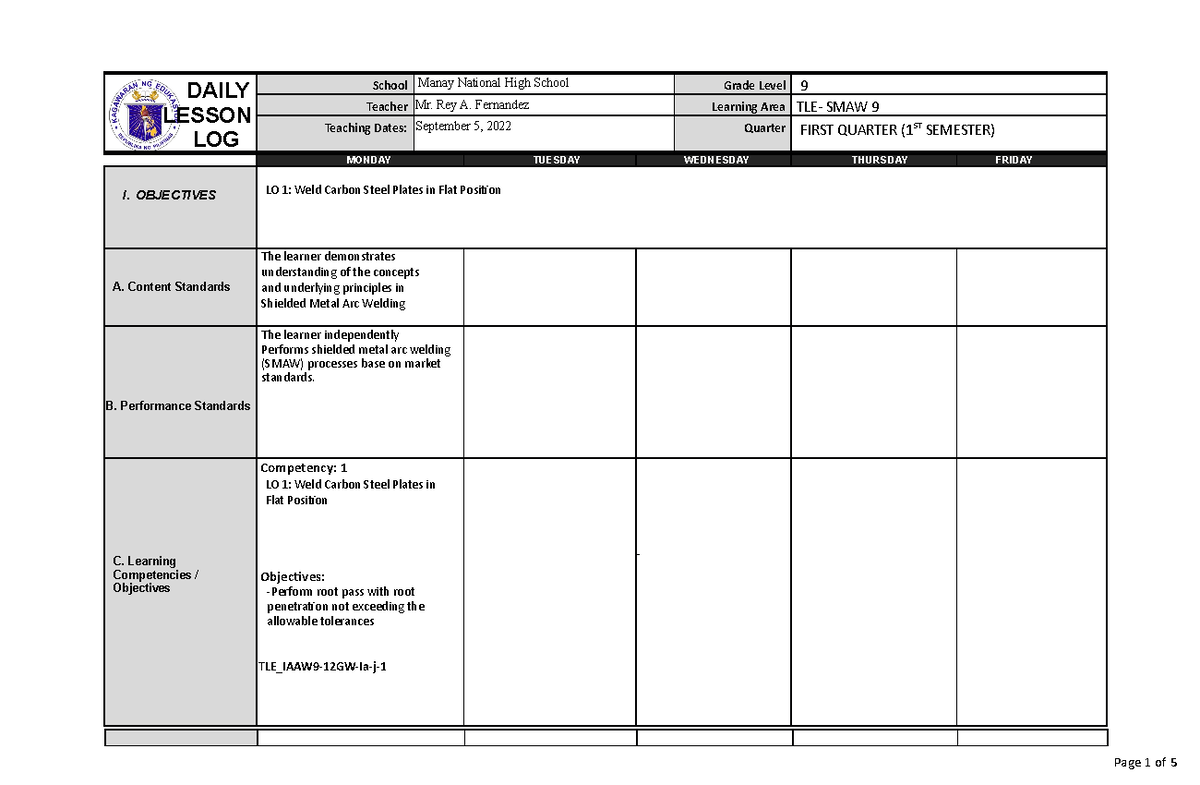Smaw-9-week3 - 2022 - DAILY LESSON LOG School Manay National High ...