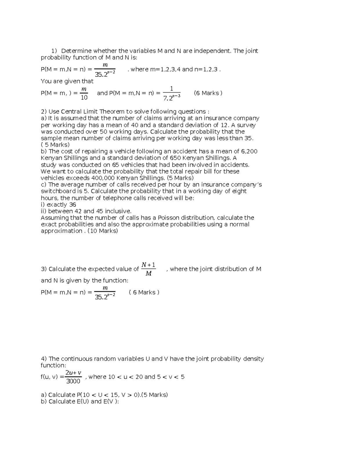BMA4102 Revision Questions - Determine whether the variables M and N are independent. The joint ...