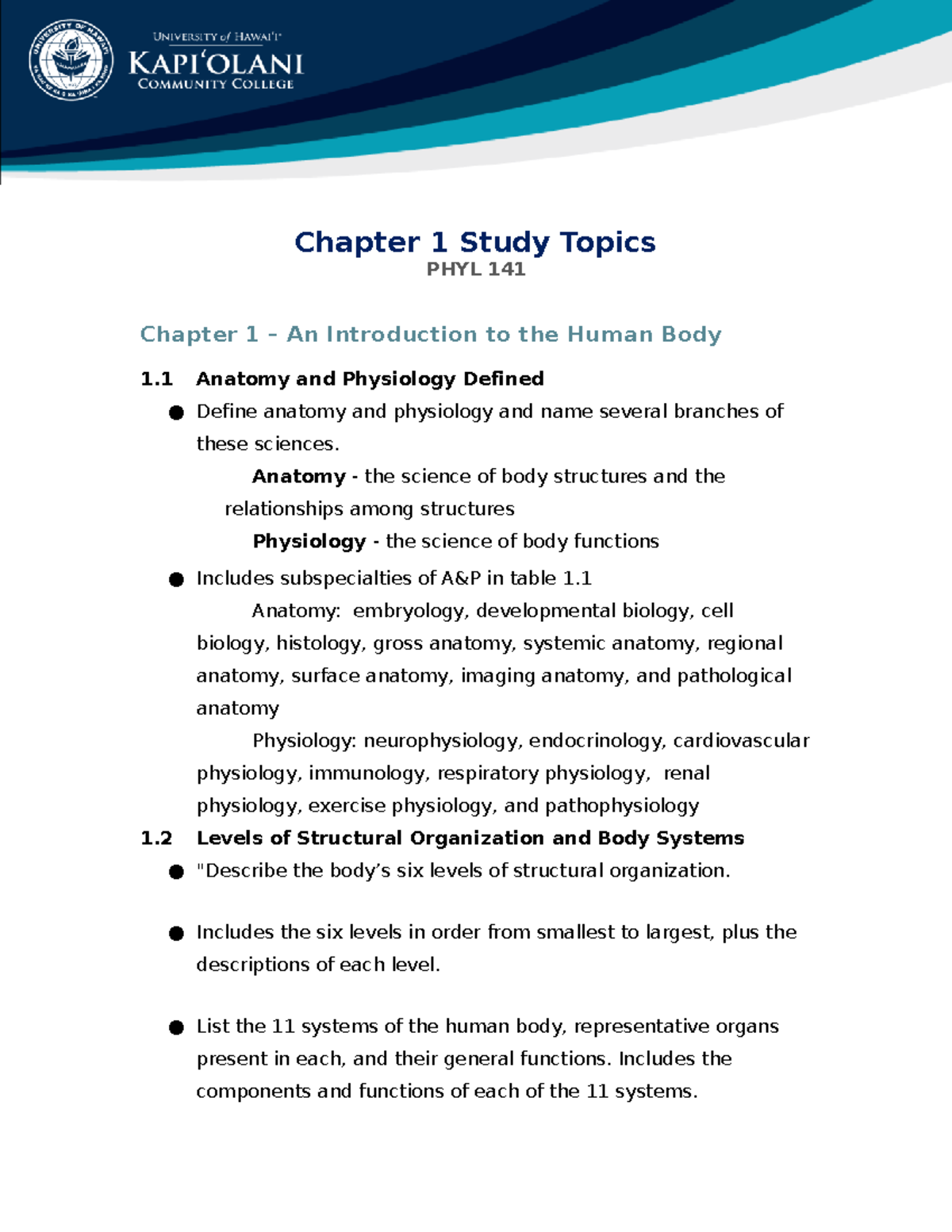 Chapter 1 Study Topics - Chapter 1 Study Topics PHYL 141 Chapter 1 – An Introduction to the ...