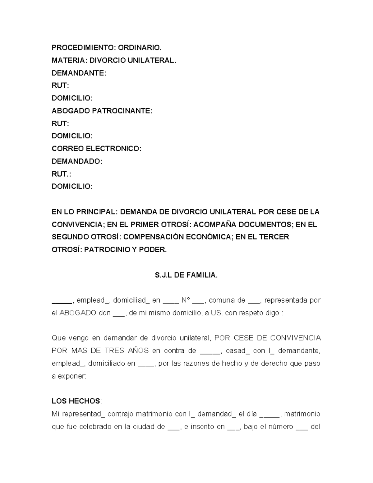 Modelo Divorcio Unilateral - PROCEDIMIENTO: ORDINARIO. MATERIA ...