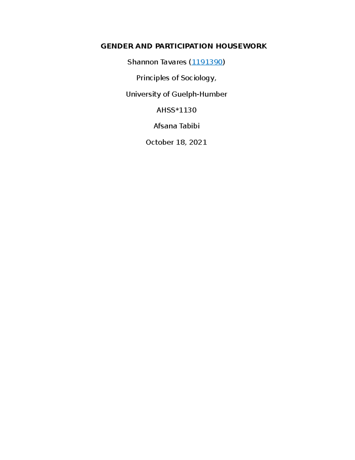 Writing assignment 1 - Gender Participation and Housework - GENDER AND ...