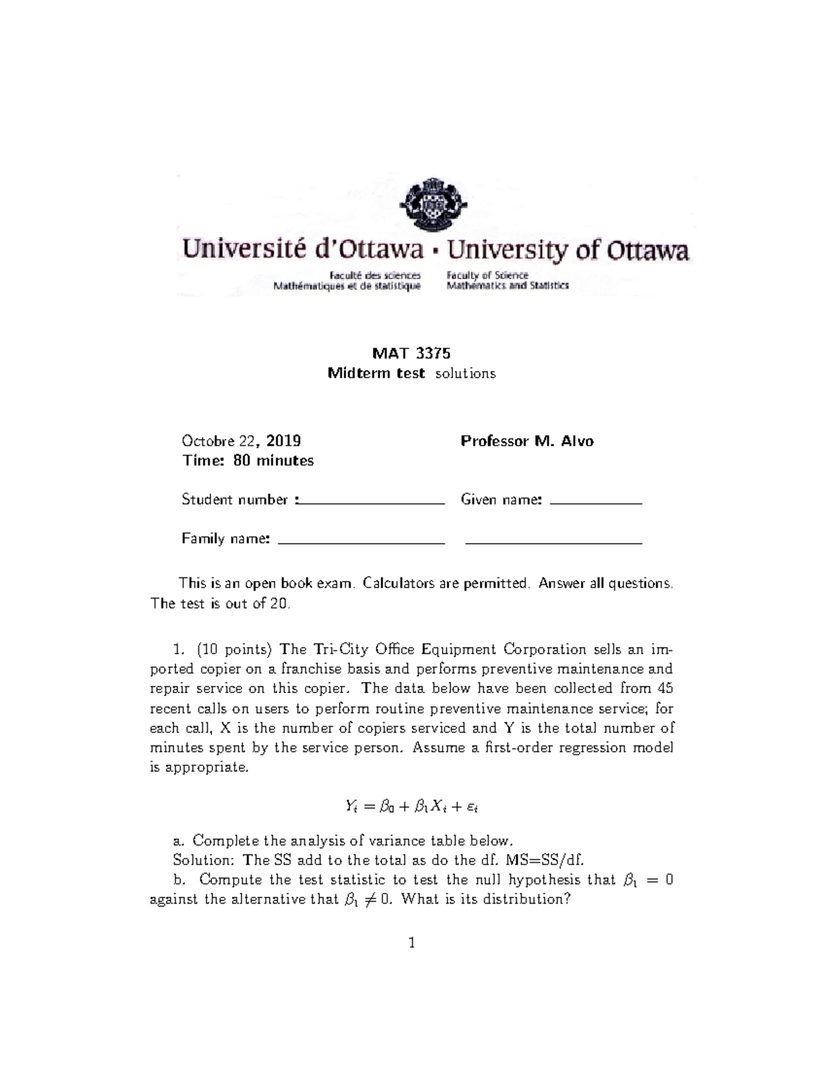 Sample Midterm with solutions - MAT 3375 Midterm test solutions Octobre ...