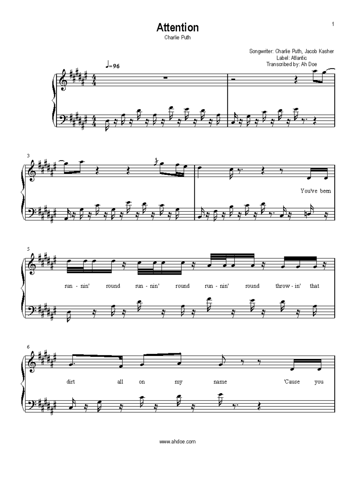 Attention Charlie Puth Complete Piano Sheet by Ah Doe