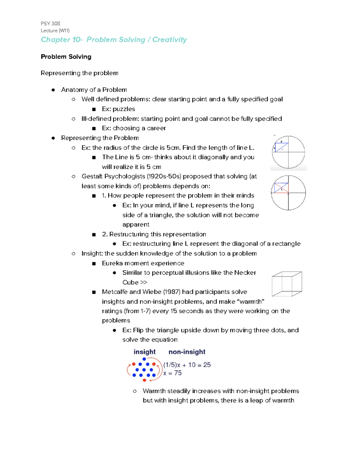 Ch10 Problem Solving and Creativity (W11) - PSY 308 Lecture (W11) Chapter 10- Problem Solving ...