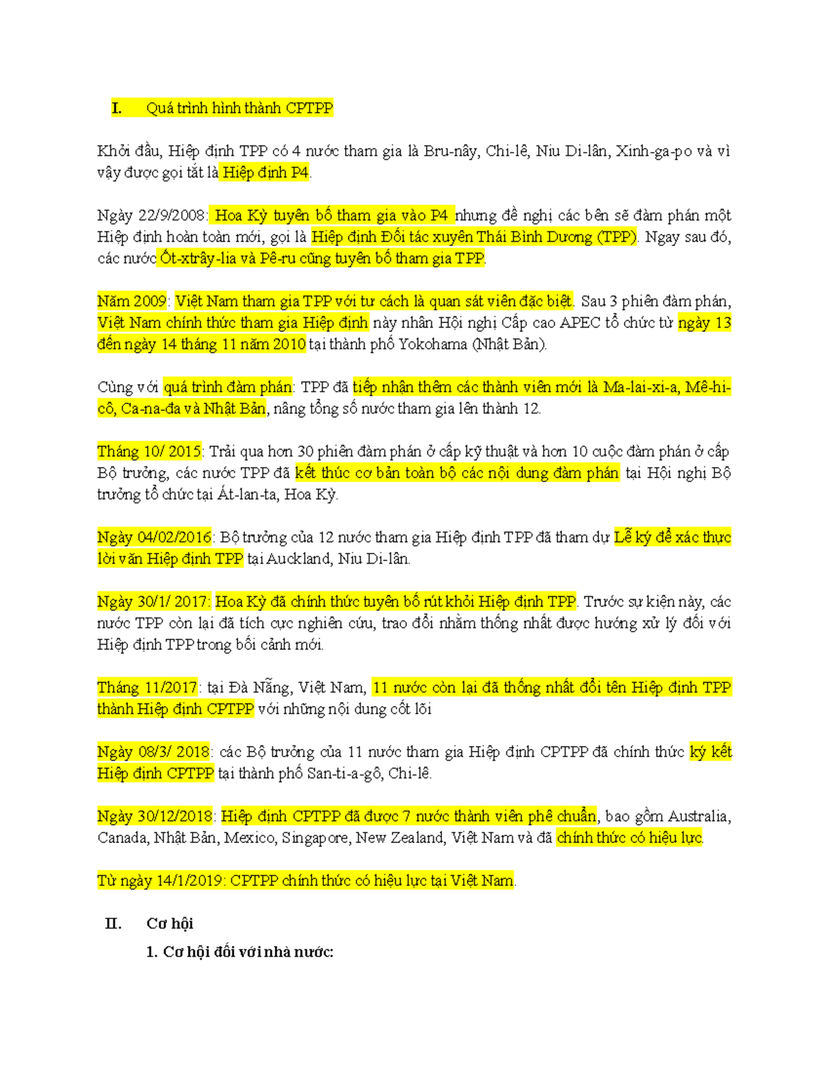 Cptpp-7 - ôn tập cuối kỳ - I. Quá trình hình thành CPTPP Khởi đầu, Hiệp định TPP có 4 nước tham ...