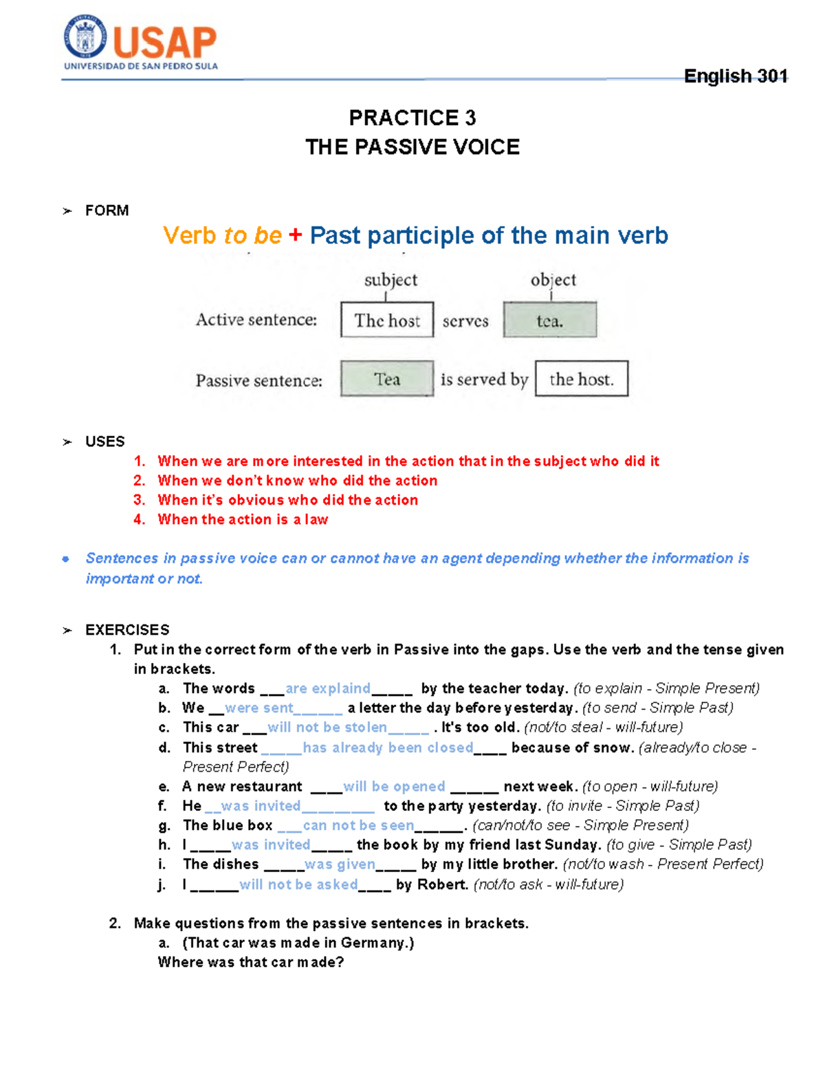 3 Practice - The passive voice - English 301 PRACTICE 3 THE PASSIVE ...