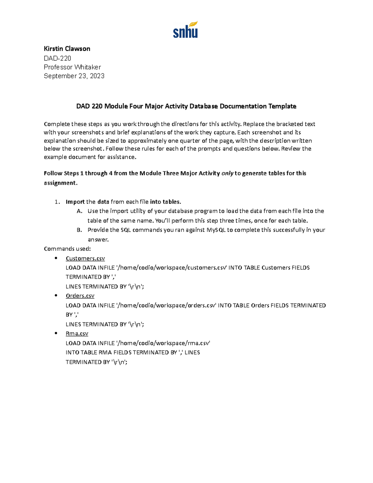 DAD 220 Module Four Major Activity Database Documentation Template ...