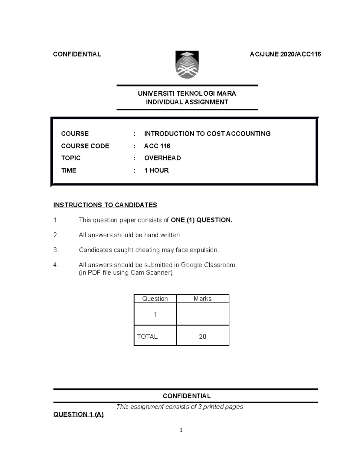 ACC116 Assignment OH Q JUNE 2020 - CONFIDENTIAL AC/JUNE 2020/ACC ...