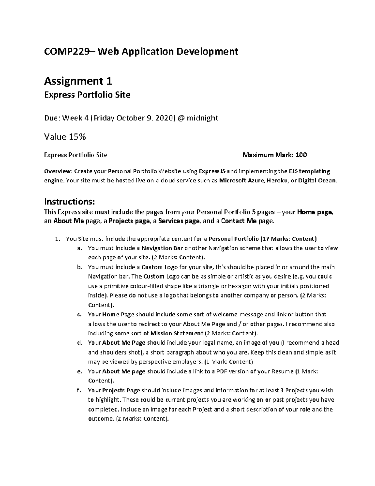 Assignment 1 - Express Portfolio - COMP229– Web Application Development ...