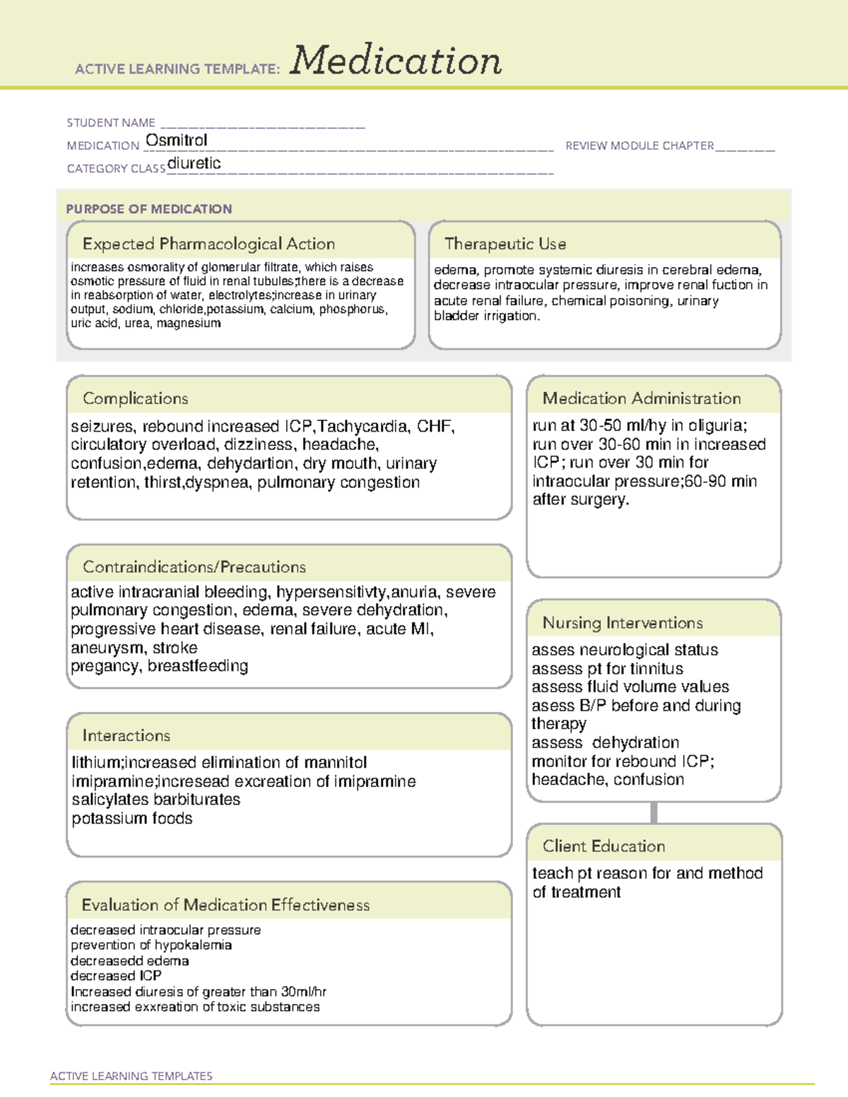 Osmitrol ALT - ACTIVE LEARNING TEMPLATES Medication STUDENT NAME - Studocu