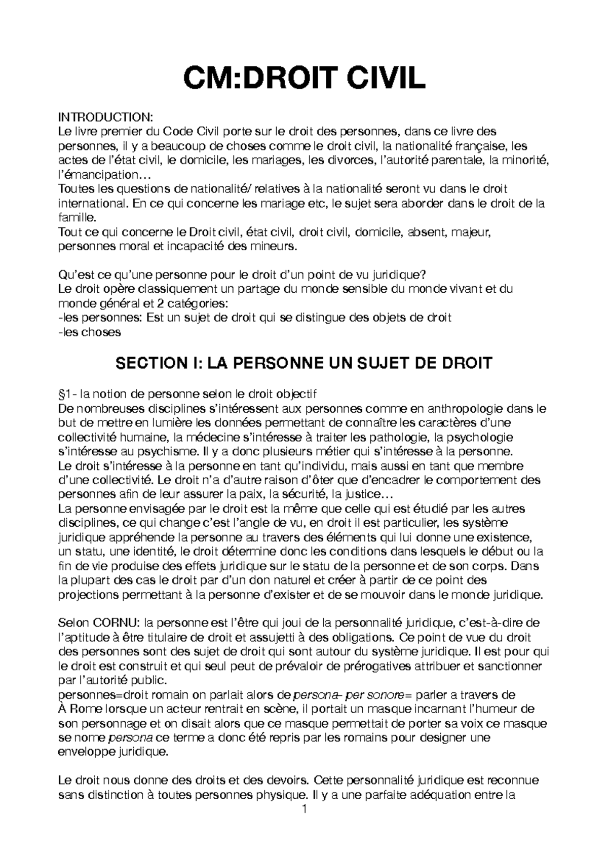 Introduct° générale droit civil S1 L1 - CM:DROIT CIVIL INTRODUCTION: Le ...