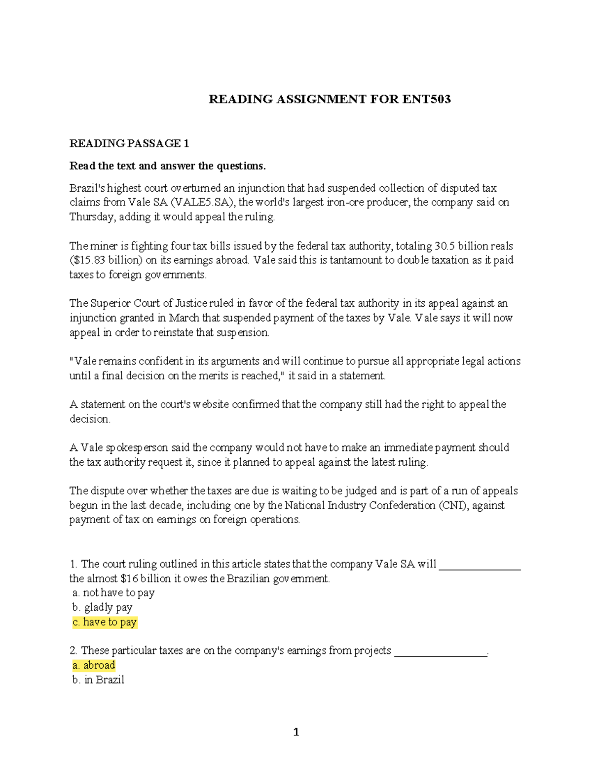 ENT503 Reading assignment - READING ASSIGNMENT FOR ENT READING PASSAGE ...