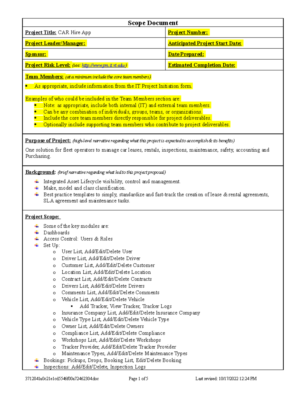 Itpmscope Form - Scope form - Scope Document Project Title: CAR Hire ...