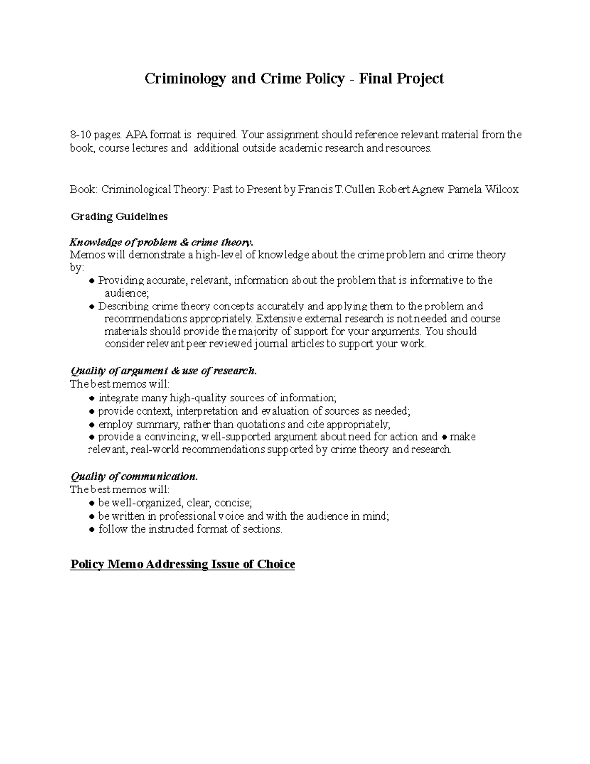 Criminology Last Project Prompt - Criminology and Crime Policy - Final ...