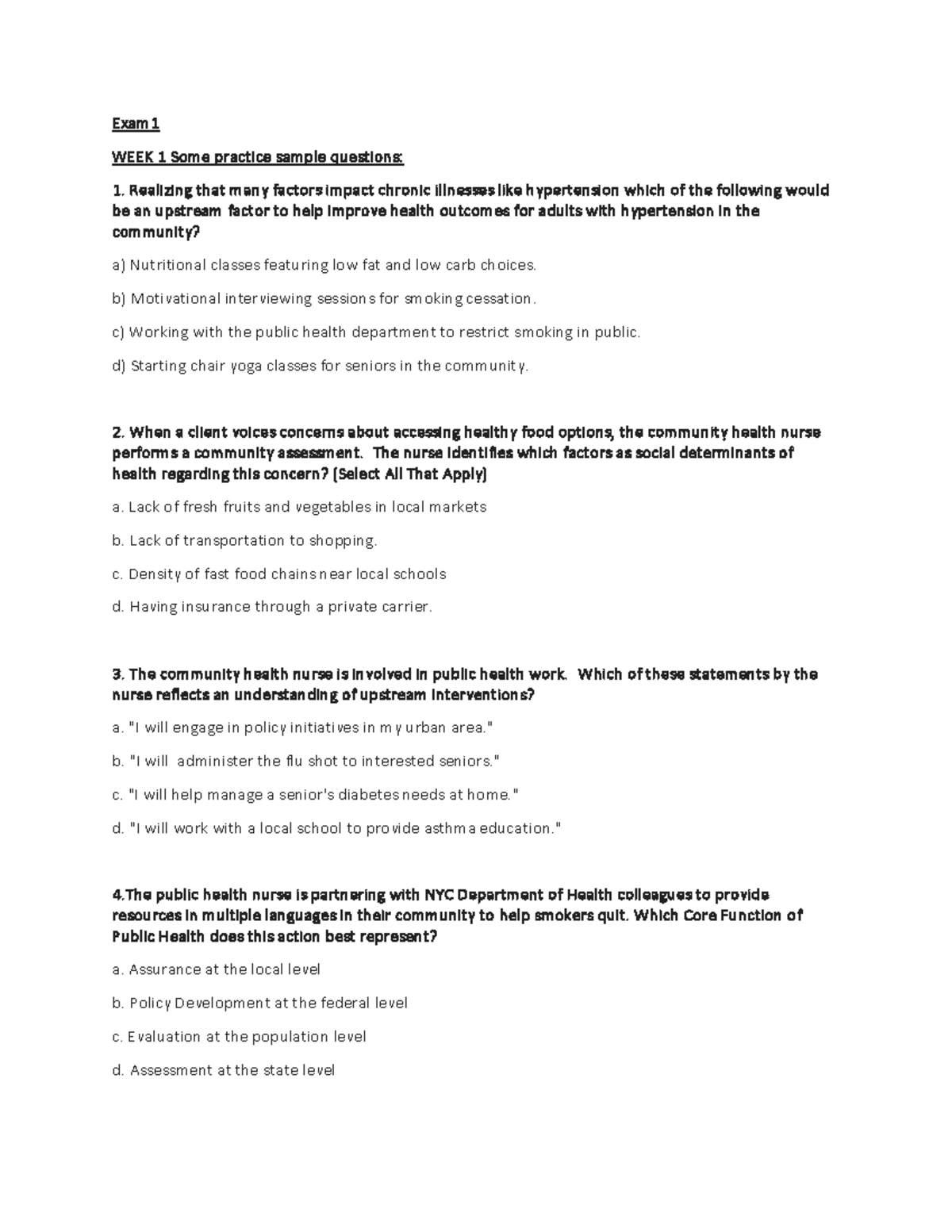 Exam1 - practice questions - Exam WEEK 1 Some practice sample questions ...