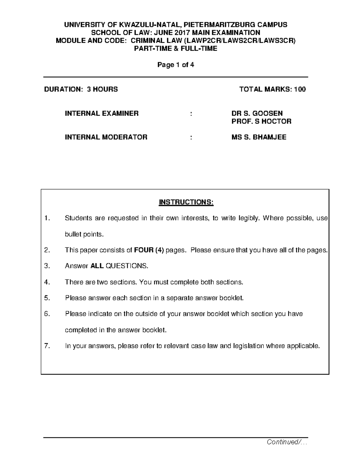 Criminal law June 2017 - Past Exam Papers - SCHOOL OF LAW: JUNE 2017 MAIN EXAMINATION MODULE AND ...