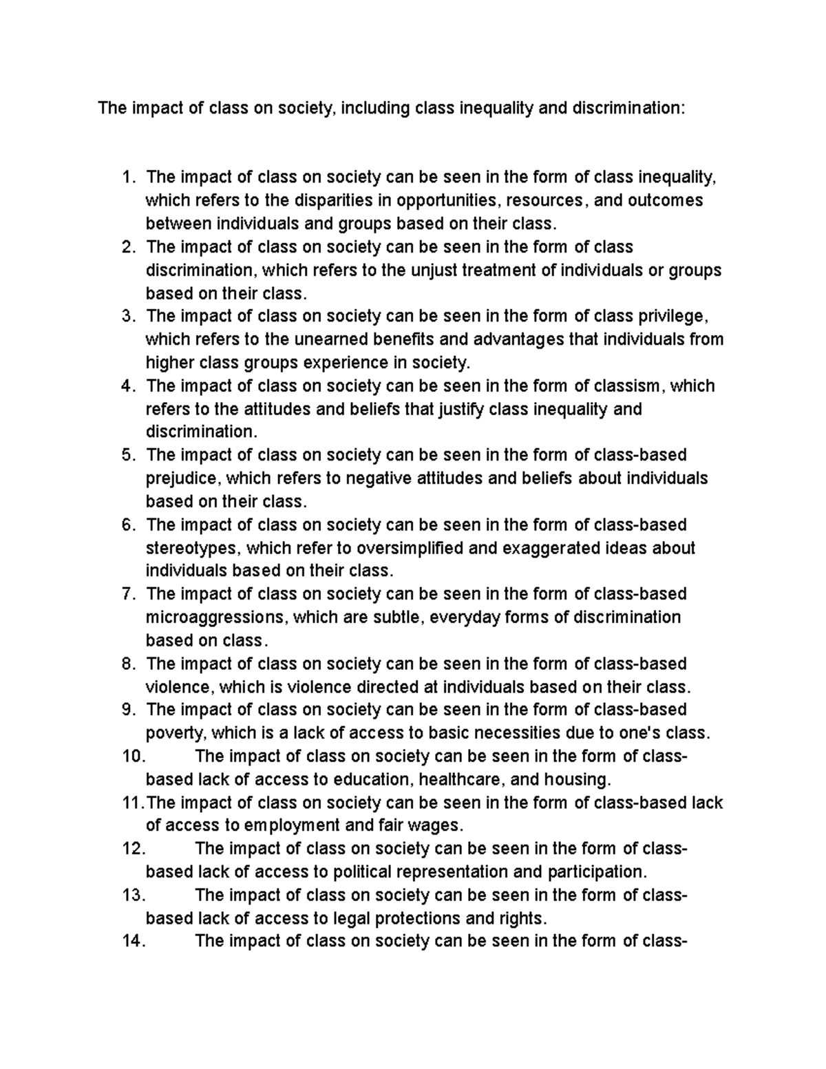 The impact of class on society, including class inequality and ...