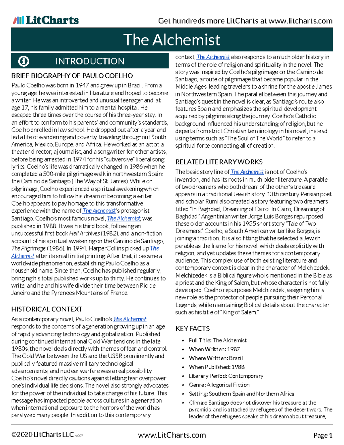 The-Alchemist-Lit Chart - The Alchemist BRIEF BIOGRAPHY OF PAULO COELHO ...