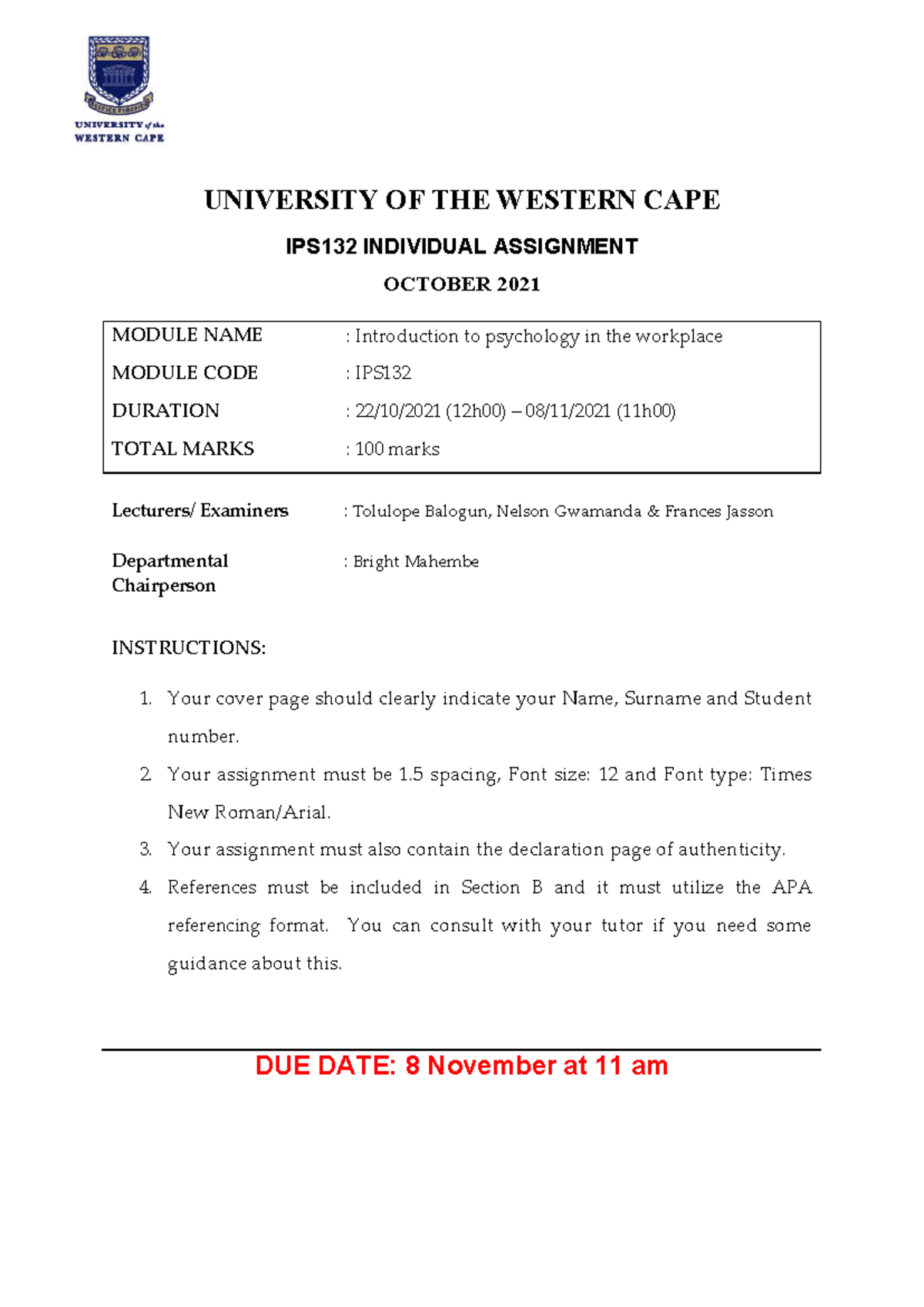 Individual Assignment - IPS132 2021 - UNIVERSITY OF THE WESTERN CAPE ...
