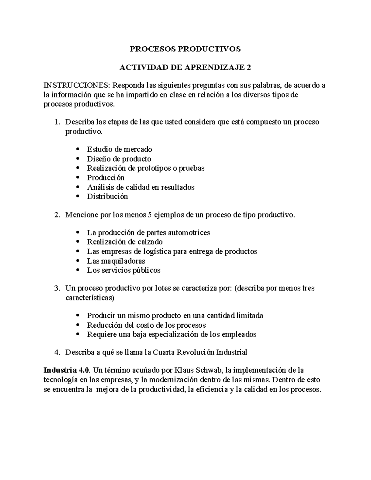 Procesos productivos act II - PROCESOS PRODUCTIVOS ACTIVIDAD DE APRENDIZAJE 2 INSTRUCCIONES ...