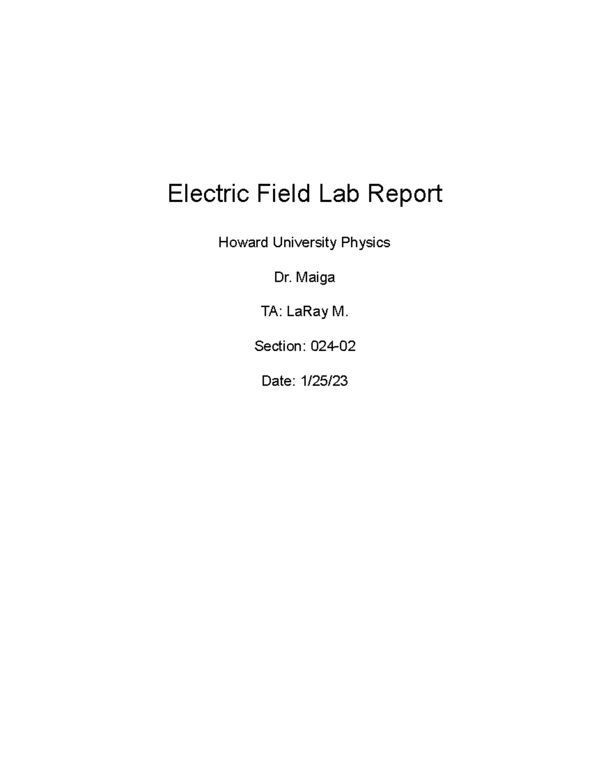 Electric Field Lab Report - Electric Field Lab Report Howard University ...
