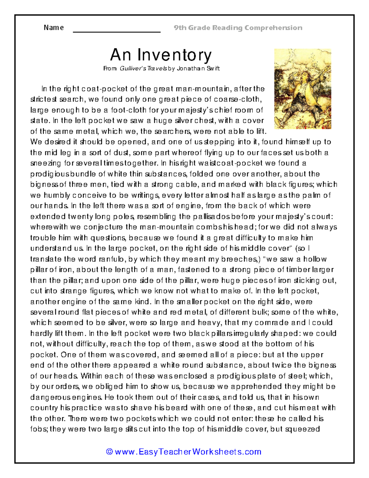 Comprehension 1 - Gulliver's Travels - Name 9th Grade Reading ...