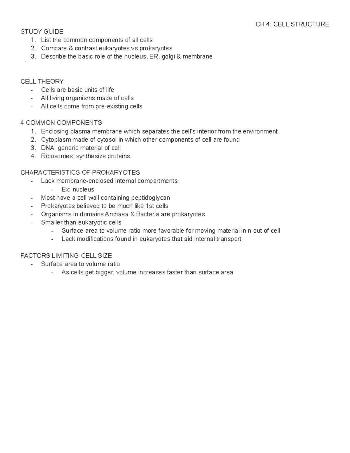 Ch 4 Cell Structure - BIOL 111 H Ryan - CH 4: CELL STRUCTURE STUDY ...