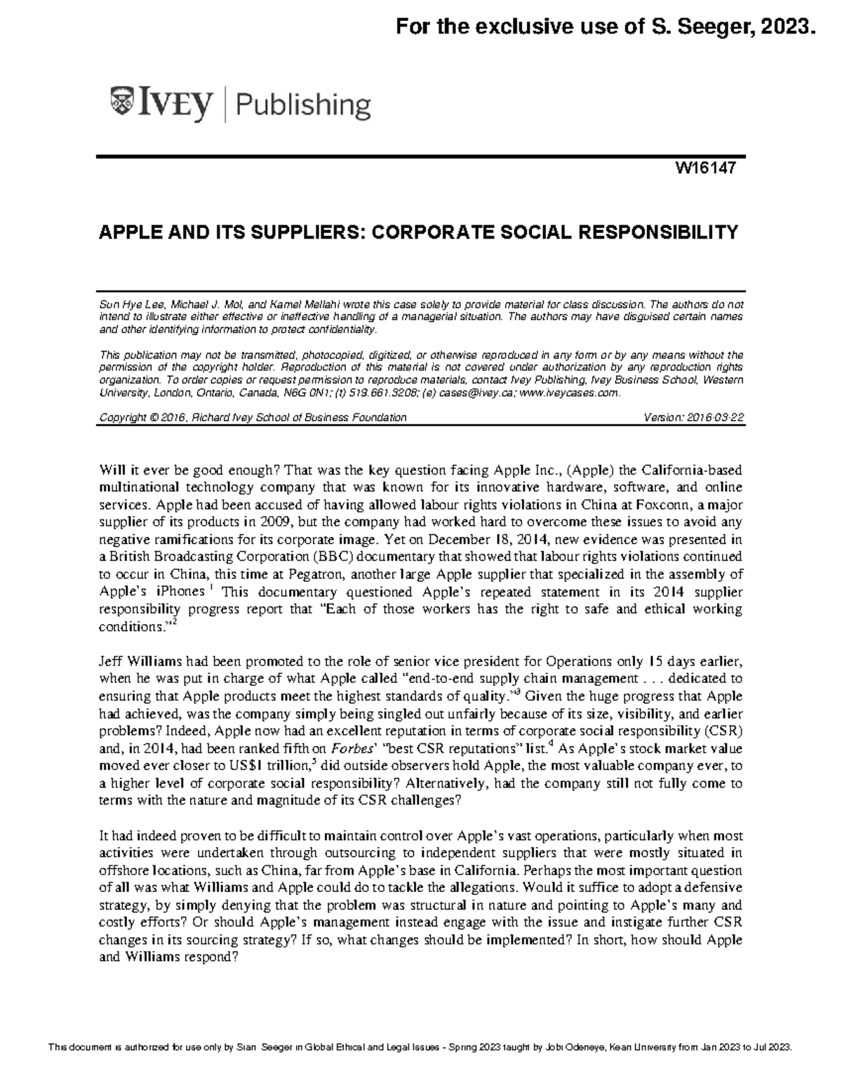 Apple and Its Suppliers- Corporate Social Responsibility - W APPLE AND ...