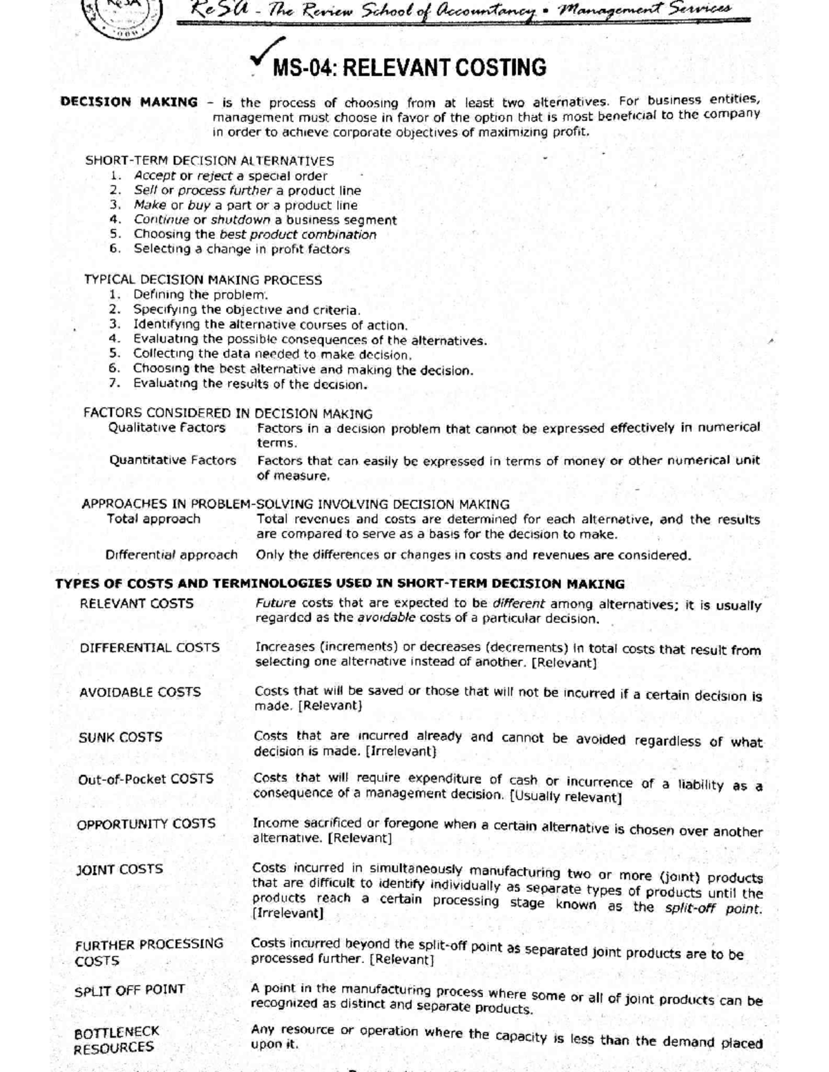 294176110 MS 04 Relevant Costing - Managerial Accounting - Studocu