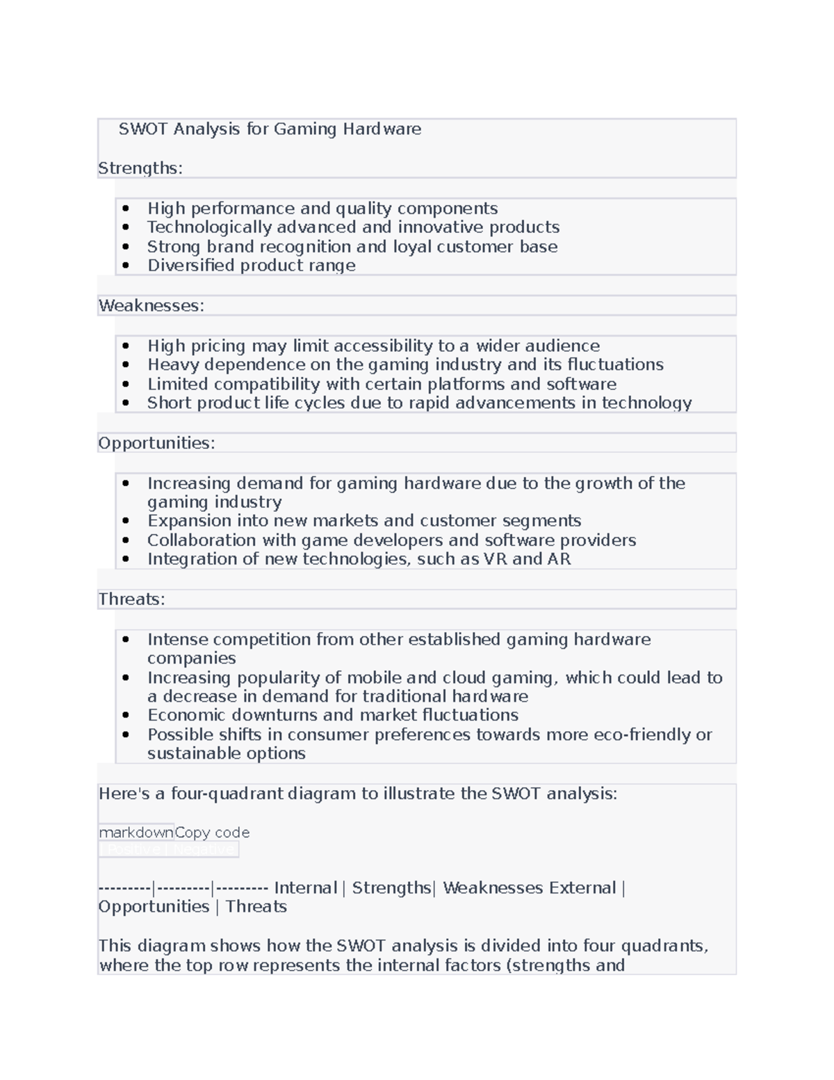 SWOT Analysis for Gaming - The left column represents positive factors ...