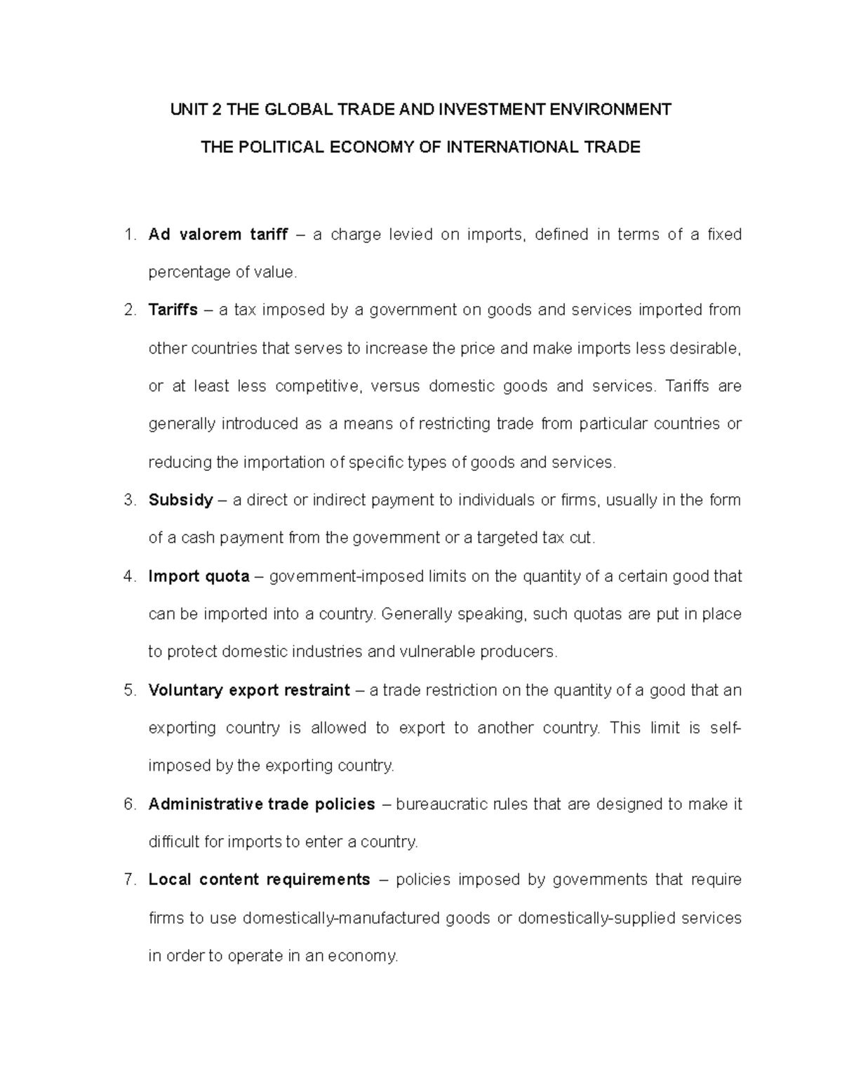 International Business and Trade - UNIT 2 THE GLOBAL TRADE AND ...