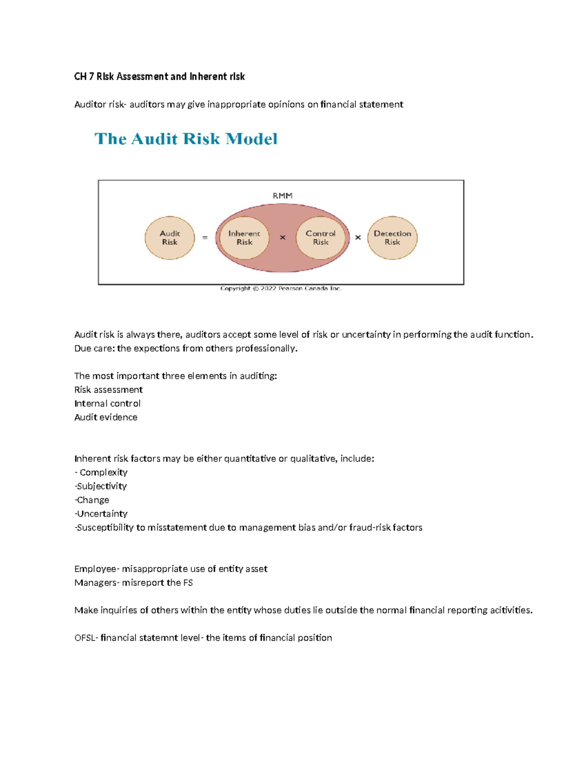 Chapter Notes - CH 7 Risk Assessment and inherent risk Auditor risk ...