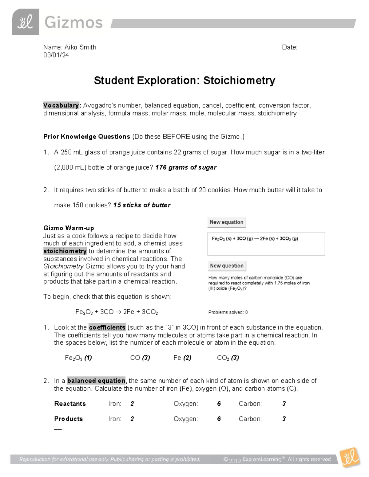 Gizmo Stoichiometry - Completed - Name: Aiko Smith Date: 03/01/ Student ...