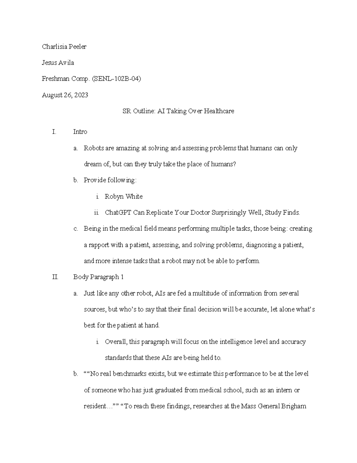 SR Outline II - Completed Version - Charlisia Peeler Jesus Avila ...