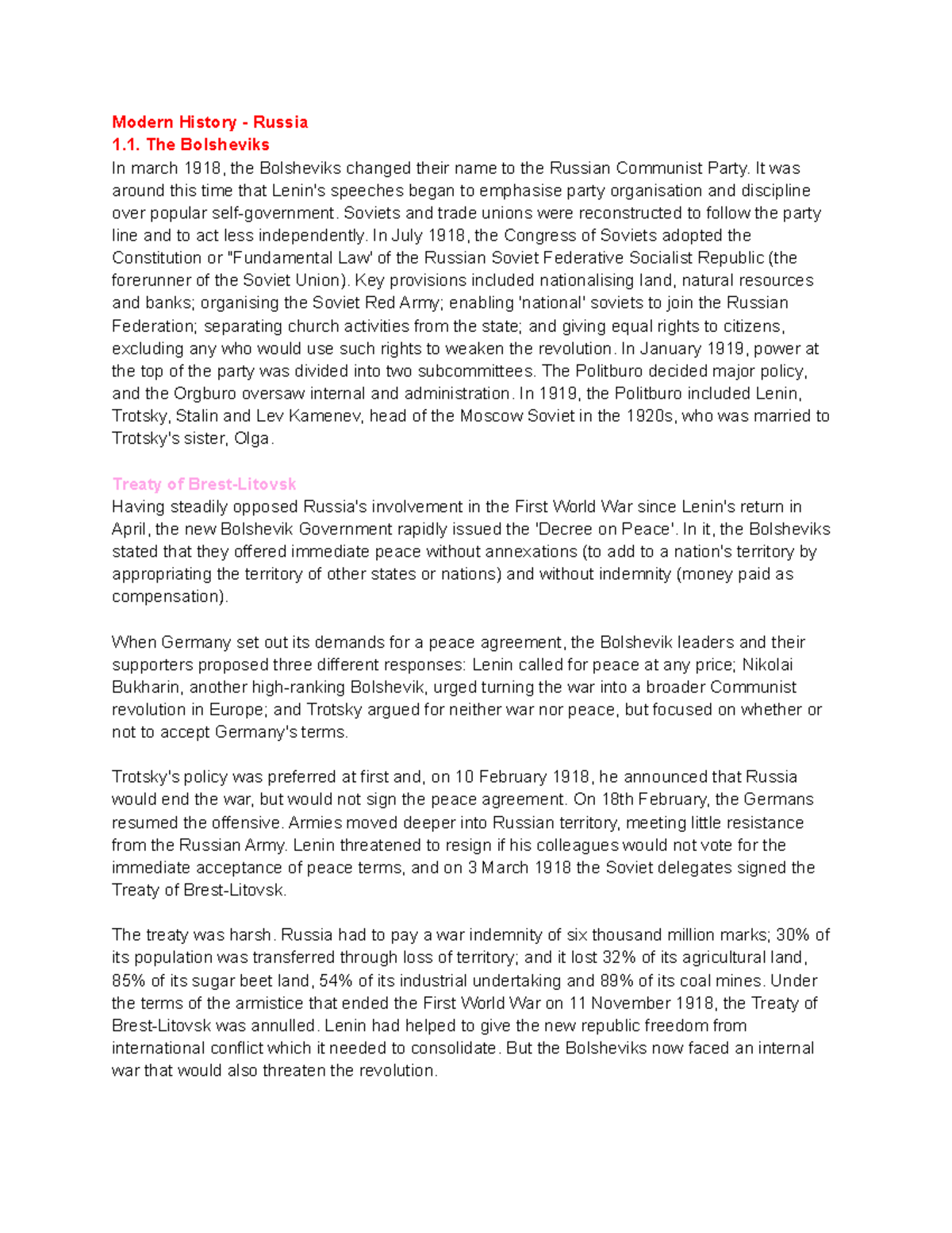 Modern History - Russia - **Modern History - Russia The Bolsheviks** In ...