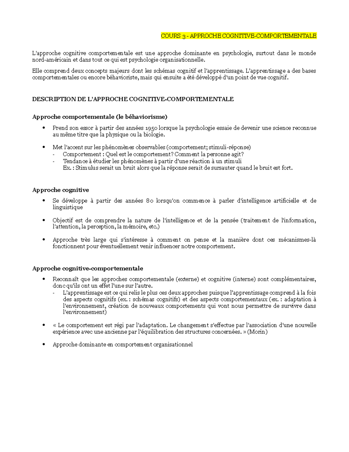 Notes - Session Hiver 2022 - COURS 3 - APPROCHE COGNITIVE ...