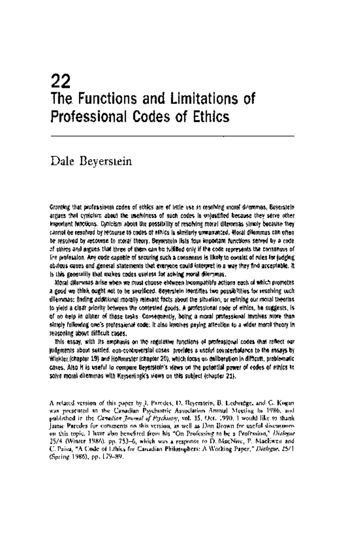 1. Beyerstein - Functions of professional codes of ethics - 22 The ...