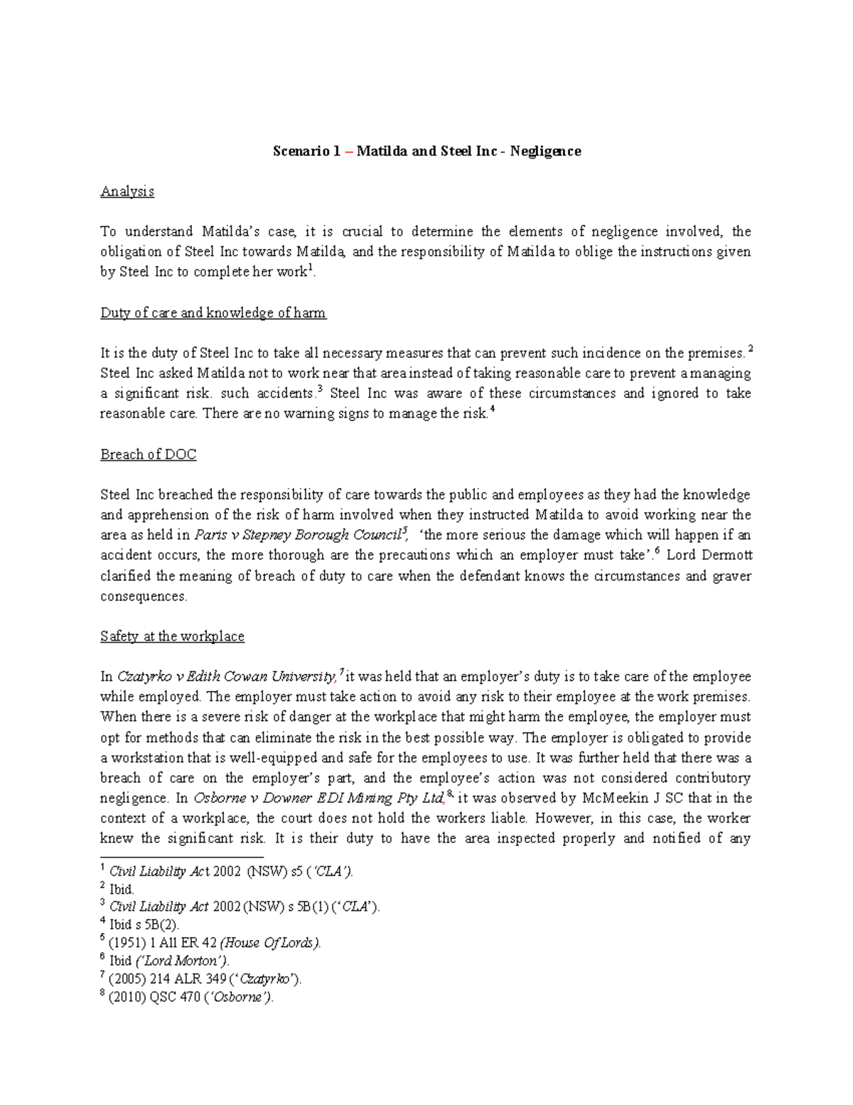 Major Assignment - Duty of care and negligence - Scenario 1 – Matilda ...
