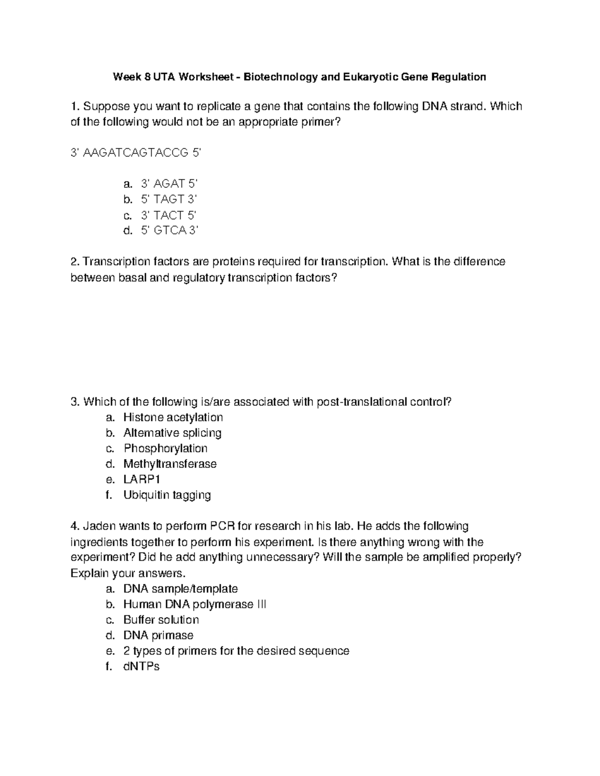 Gene Expression - Week 8 UTA Worksheet - Biotechnology and Eukaryotic ...